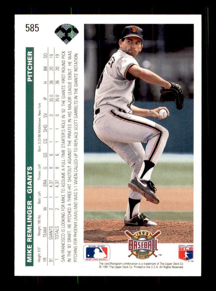 1992 BASEBALL 1992 Upper Deck Mike Remlinger San Francisco Giants #585 ...