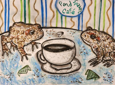 TOAD Drinking Coffee 4 x 6 Mini Amphibian art PRINT Signed Artist KSams ...