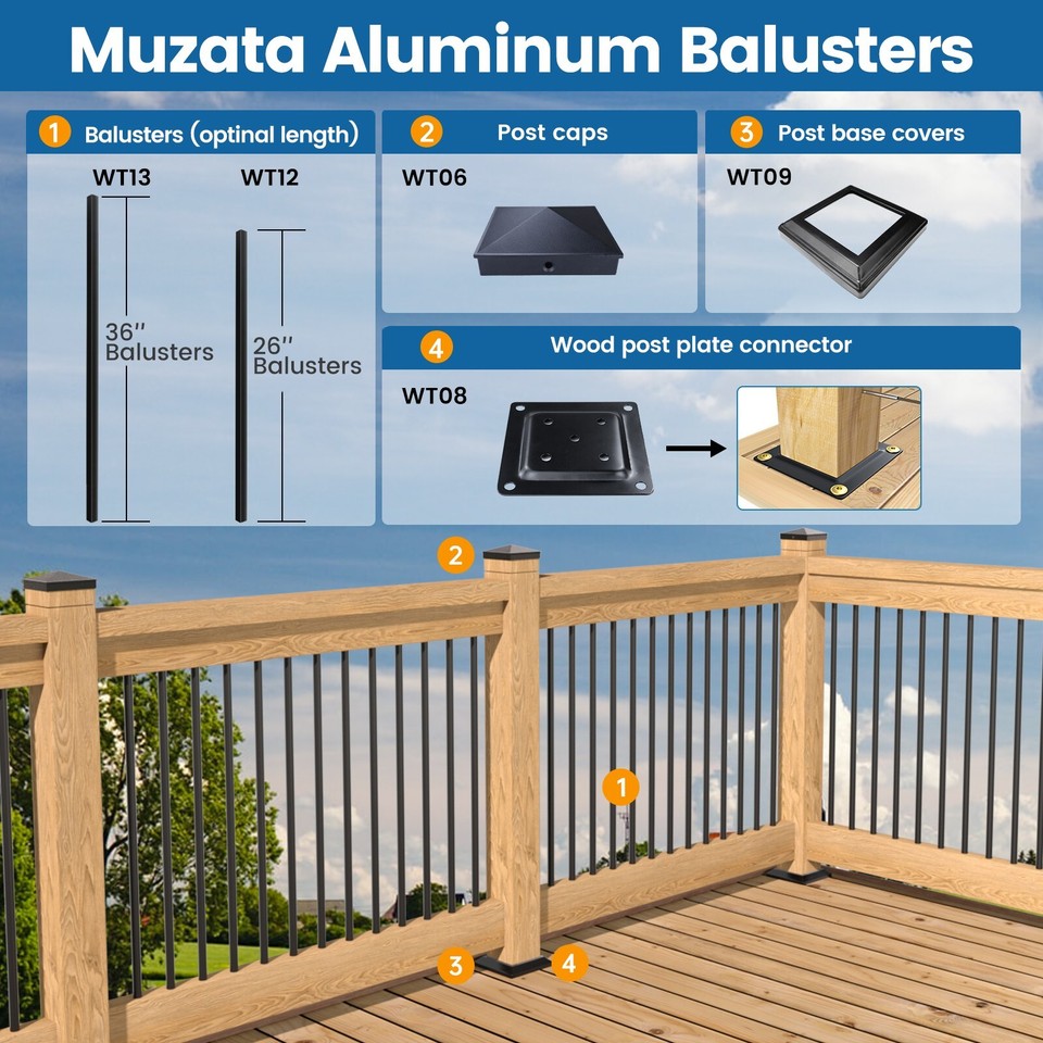 Muzata 50P 36"x3/4" Aluminum Deck Balusters Square Black Porch ...