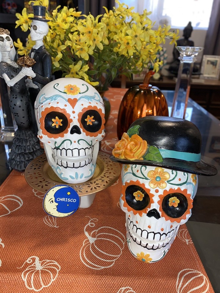 DAY OF THE DEAD POLYRESIN SUGAR SKULLS FIGURE HALLOWEEN DISPLAY DECOR ...
