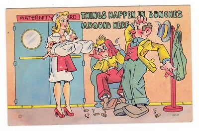 c1940 COMIC MATERNITY WARD TRIPLETS 3 BABYS NURSE VINTAGE POSTCARD OLD ...
