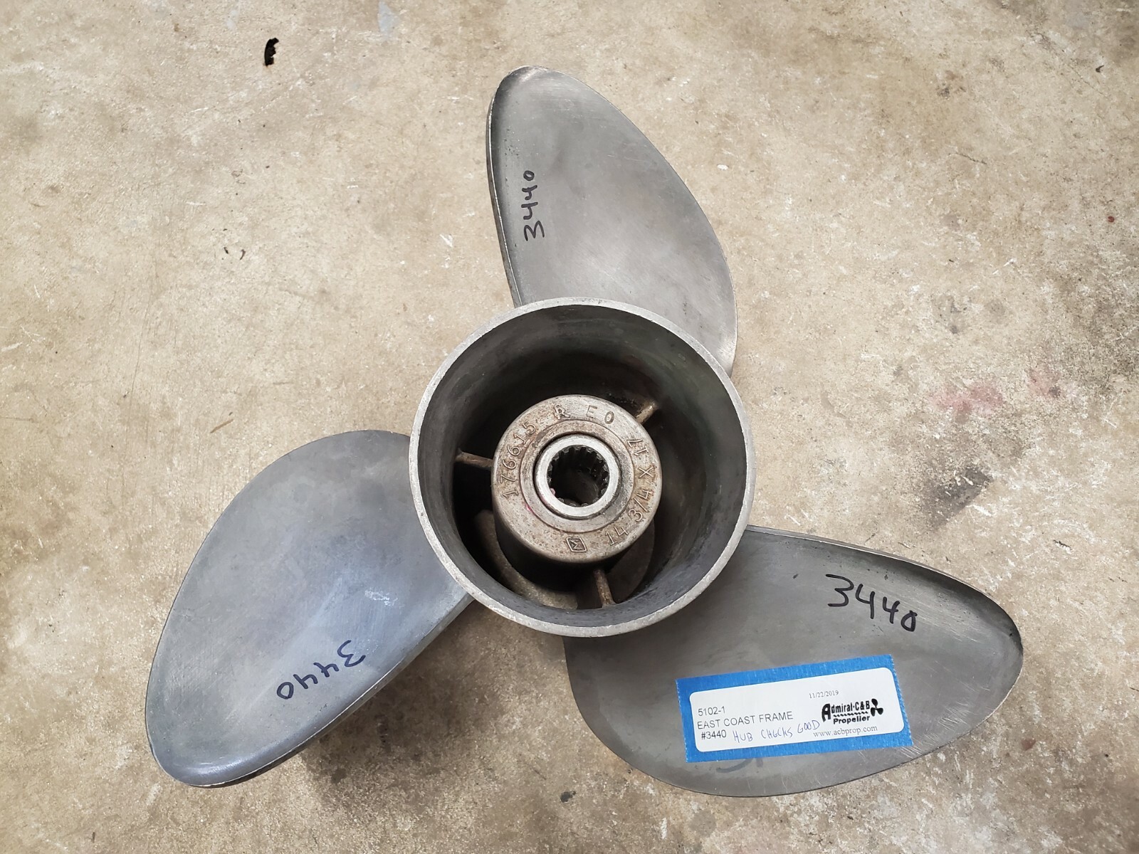 PAIR OF 14 3/4" X 17P OMC SST SS PROPELLERS, EVINRUDE JOHNSON, #3440 ...