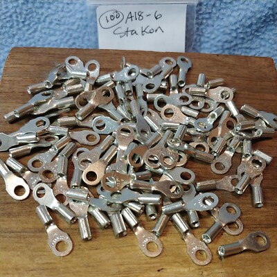 (100)A18-6 Sta-kon Uninsulated Ring Terminal Connector 22-16, #6 bolt T ...