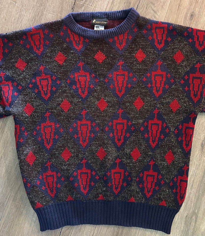Vintage BRONZINI Mens Sweater XL Black Navy Red Silver Metallic Accents ...