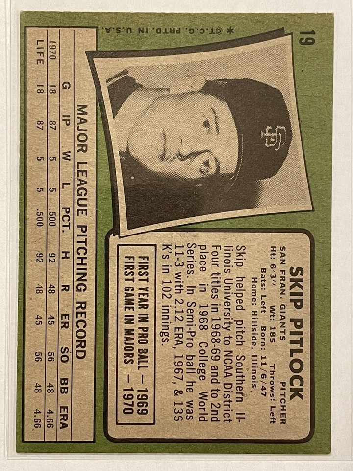 1971 Topps Skip Pitlock #19 Vintage Baseball San Francisco Giants ...