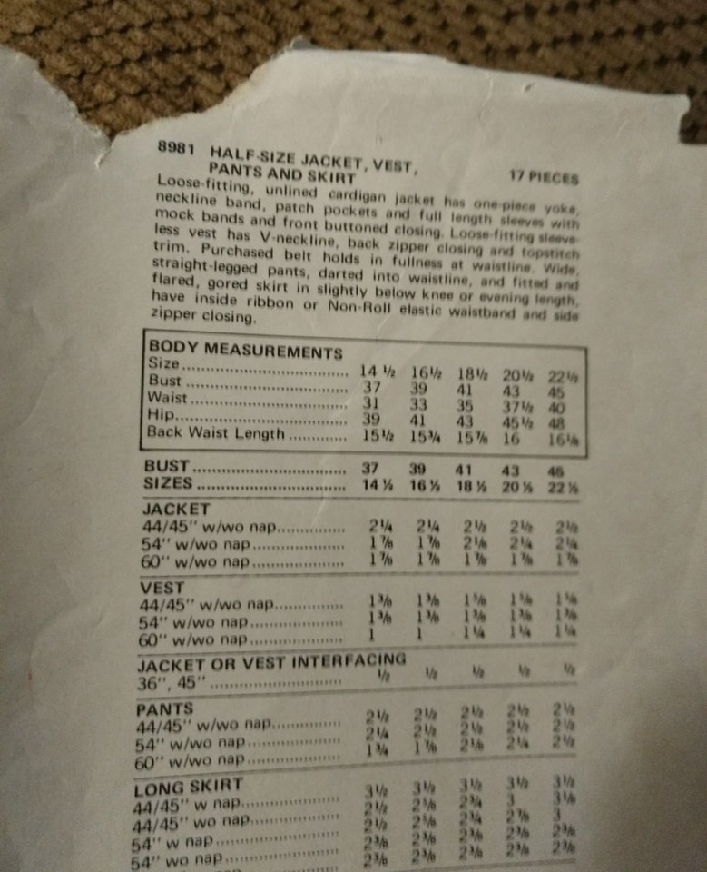 Vogue Vintage Pattern #8981 Jacket Vest Pants Skirt 2 Lengths Sz 16-1/2 ...