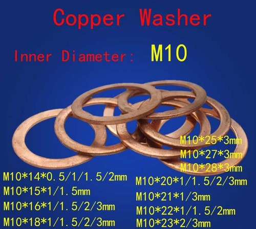 M10 14mm-28mm OD Copper Washers Round Washer Flat Gasket 0.5/1/1.5/2 ...