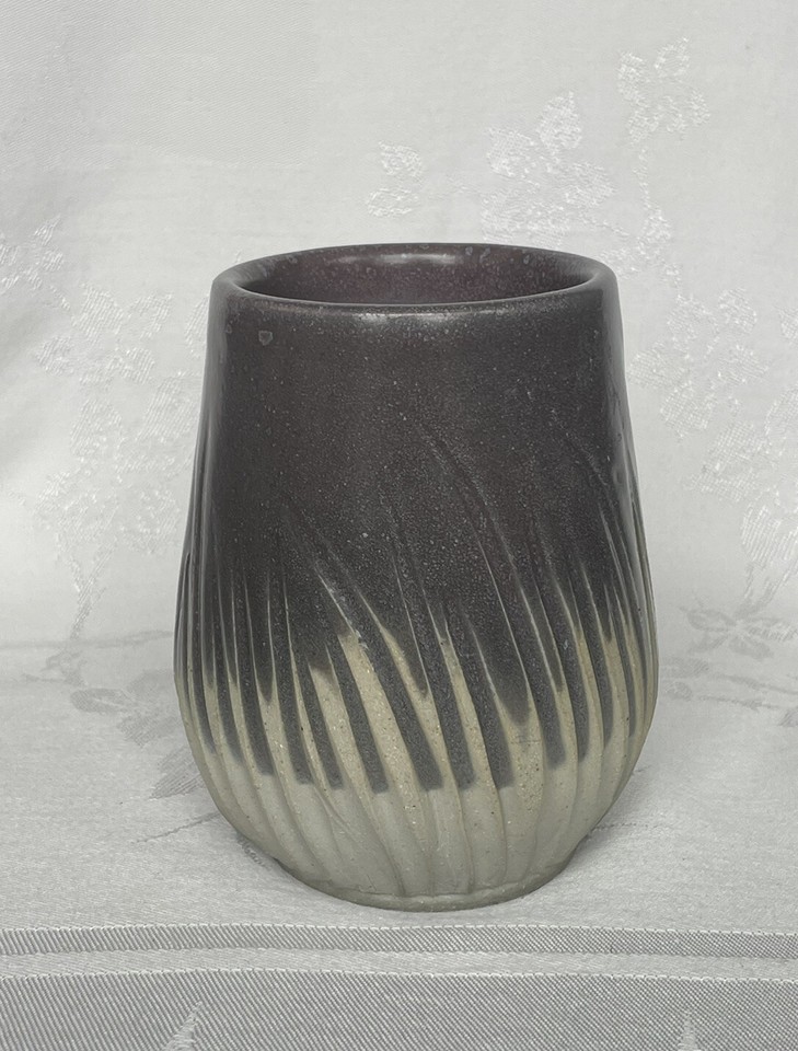 BH Pottery Purple Gray Drip Glaze Planter Vase Carved Grass Blade Flames Signed | eBay