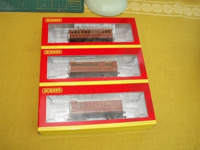 HORNBY OO Gauge LBSCR 4 Wheel coaches x 3, 1st & 3rd class and baggage ...