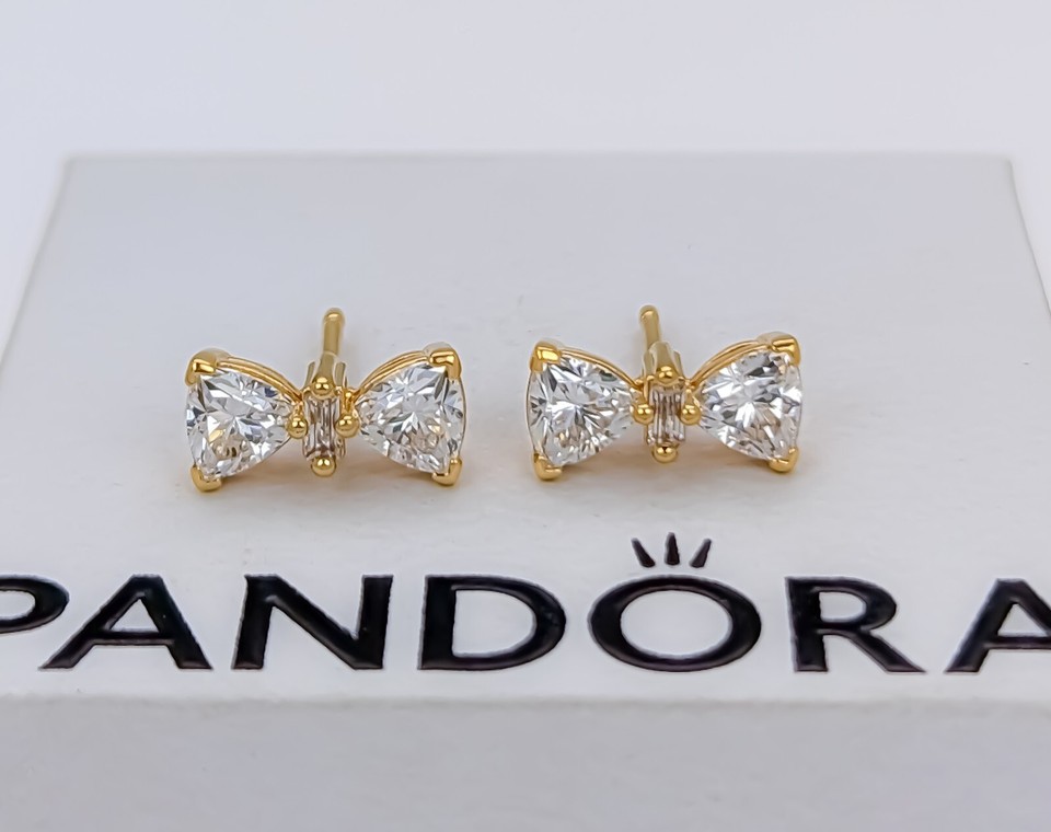 New 100% Authentic PANDORA 14k Gold Plated Sparkling Bow Stud Earrings ...