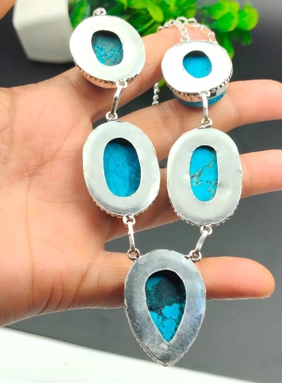 Natural Blue Turquoise Gemstone 925 Sterling Silver Jewelry Necklace ...
