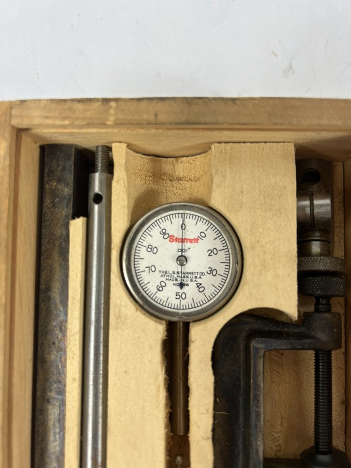 Vintage Starrett No. 196A Dial Test Indicator w/ Attachments Wood Case ...