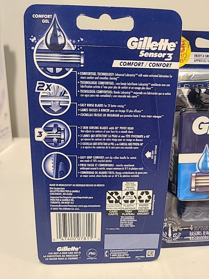 Gillette Sensor3 Men’s Razor W/Comfort Gel-40 Degree Pivot 4 Count- 2 ...