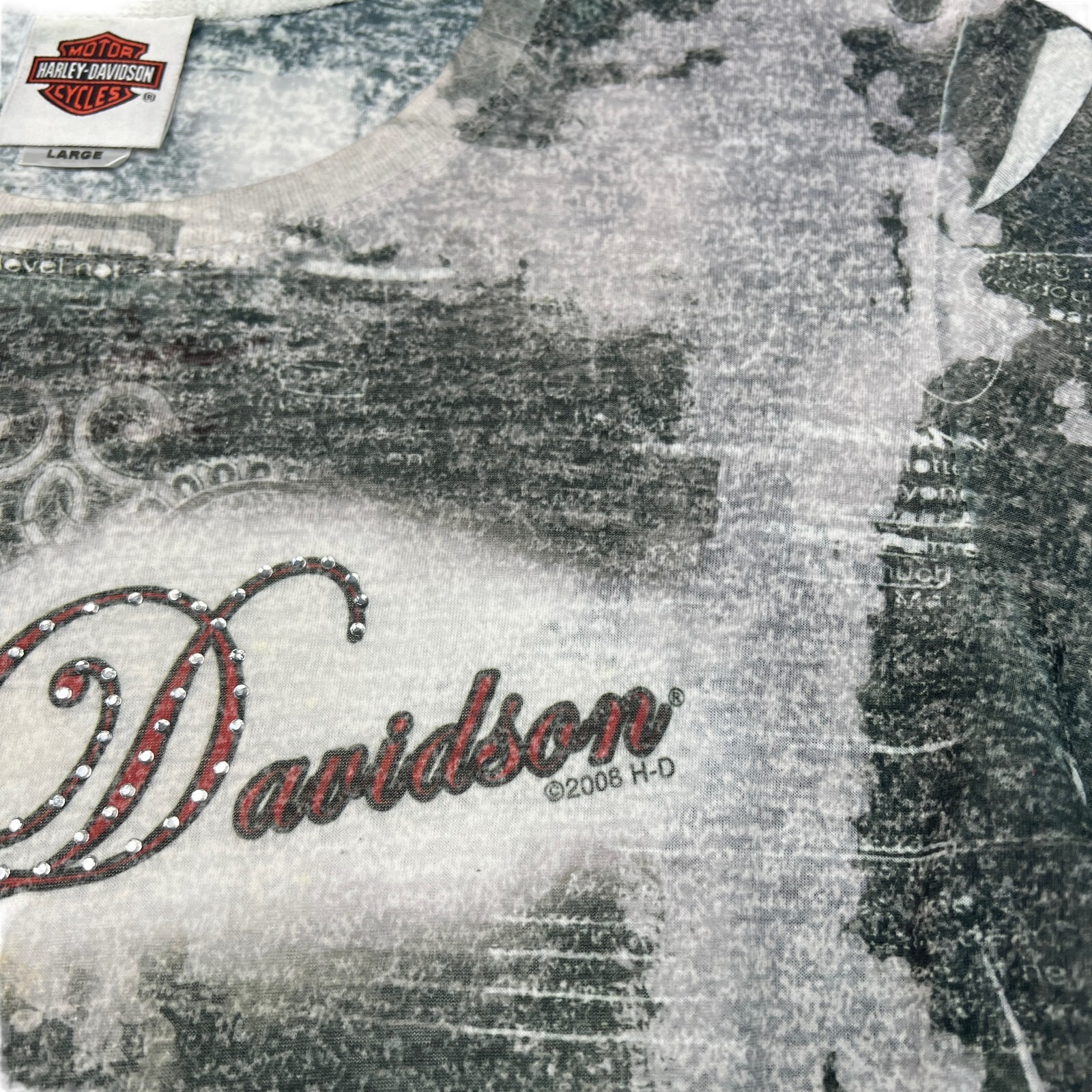 Harley Davidson Y2K Bling Rhinestones Logo AOP Burnou… - Gem