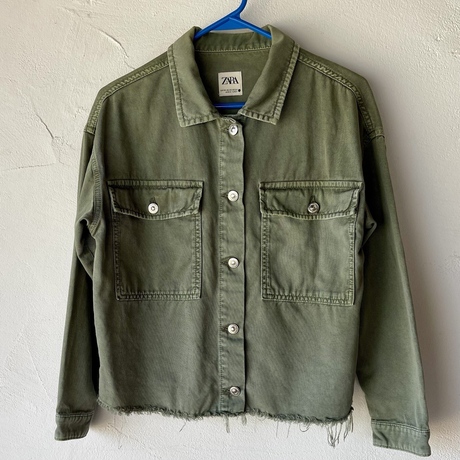 Zara Military Cargo Jacket Green Front Pockets Unfini… - Gem