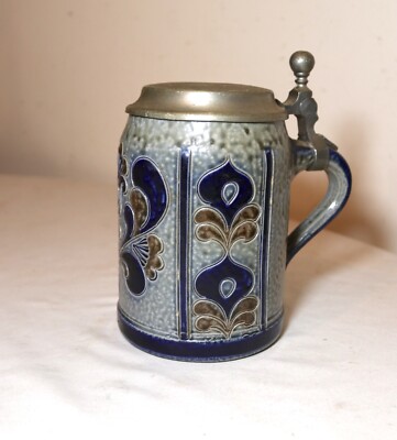 vintage handmade pottery handarbeit German blue white presentation beer ...