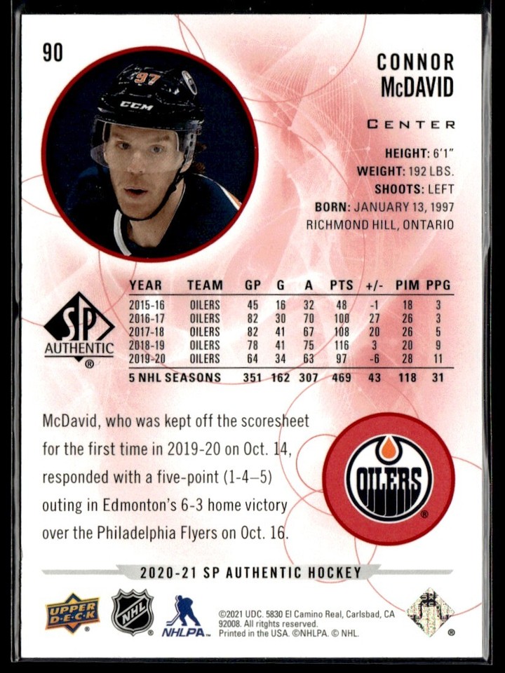 2020-21 UD SP Autehtic Red Connor McDavid Auto Edmonton Oilers #90 | eBay
