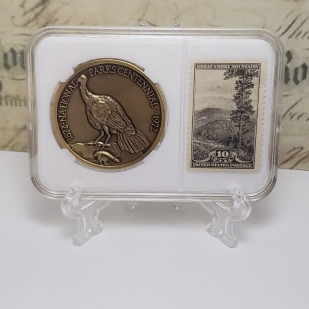 Great Smoky Mountains NP Centennial Bronze Medal with US Stamps - Nice ...