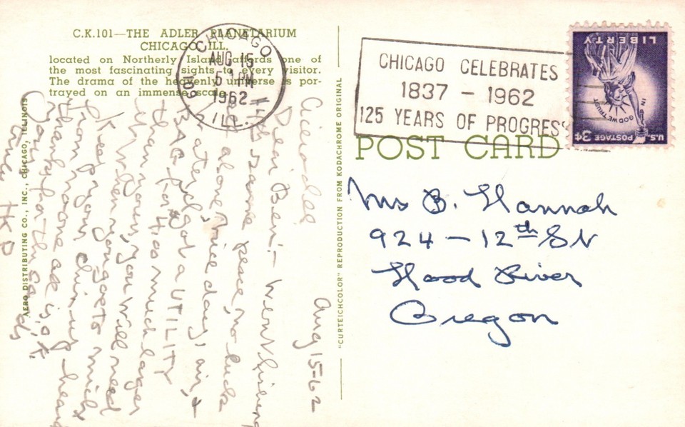 Postcard IL Chicago Illinois Adler Planetarium Posted 1962 Chrome PC ...