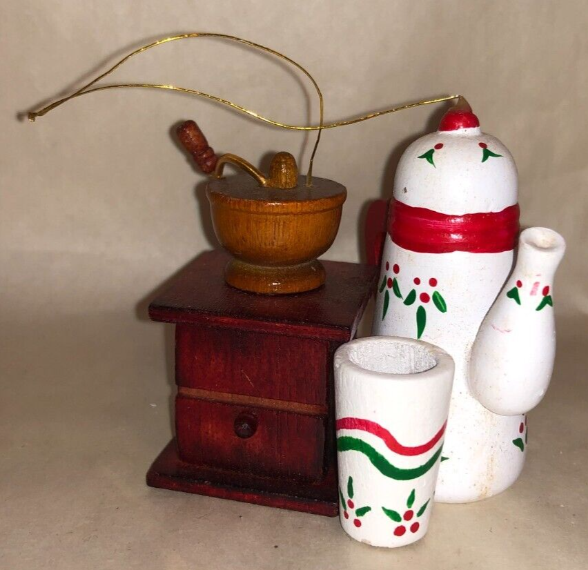 Vintage Hand Painted Wood Coffee Grinder Pot Cup Christmas Ornament ~3 ...