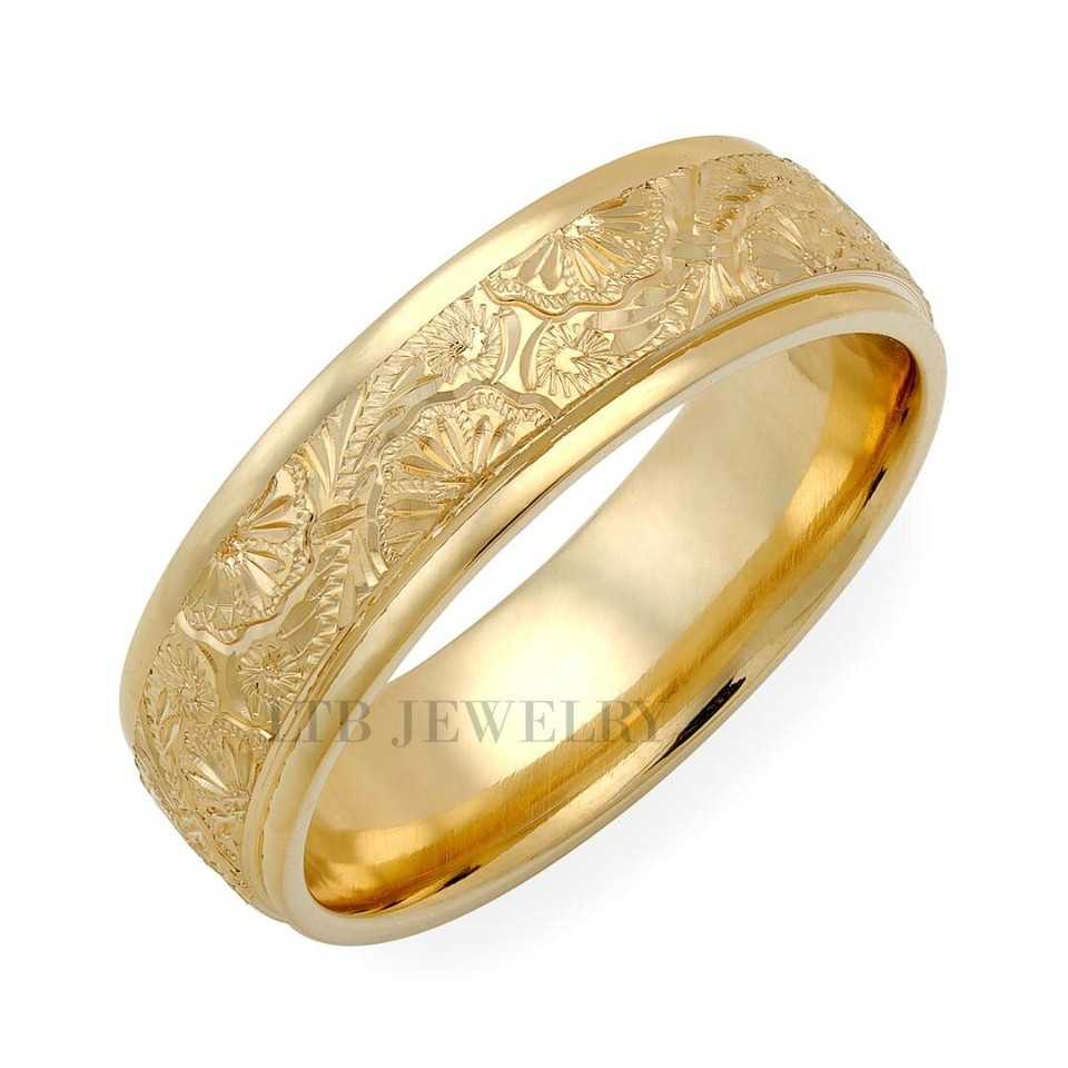 14K YELLOW GOLD HAND ENGRAVED MENS WEDDING BANDS, HAND ENGRAVED WEDDING ...