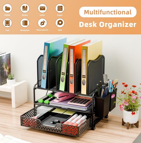 Simple Trending Desk File Organizer with Sliding Drawer, Metal 15.2"W ...