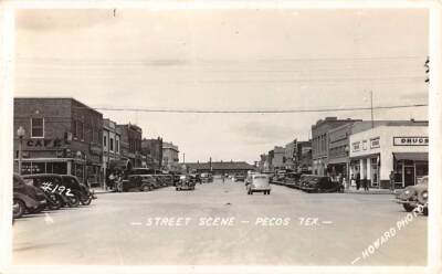 PECOS, TEXAS, STREET SCENE, CARS, DRUG STORE, HOWARD REAL PHOTO PC c ...