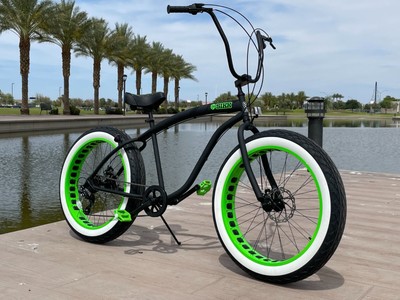 MENS SIKK UFO 7 SPEED FAT TIRE BEACH CRUISER BICYCLE BLACK FRAME GREEN ...