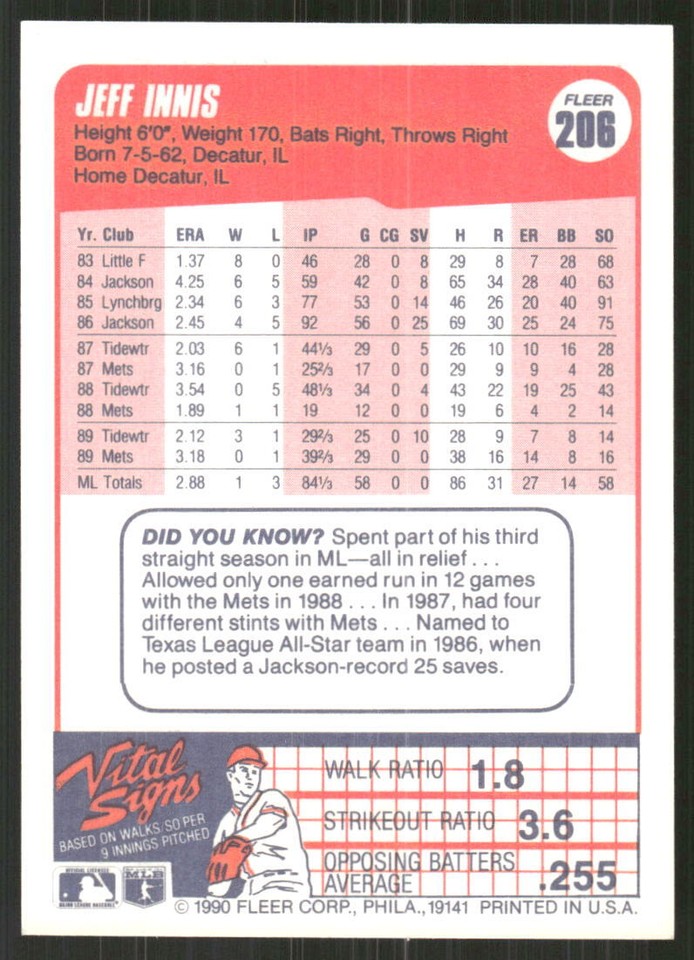 1990 Fleer #206a Jeff Innis | eBay