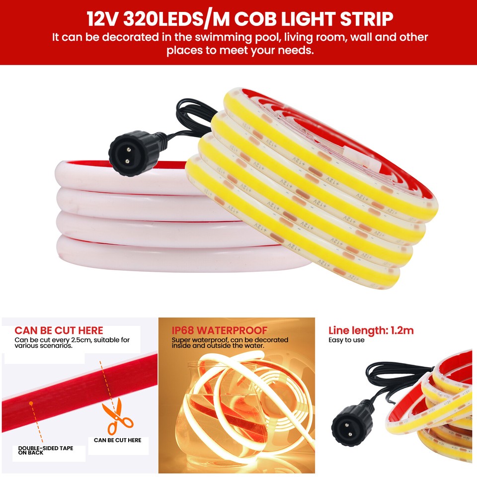 Solar COB LED Strip Lights Neon Rope Light 12V IP68 Waterproof DIY ...