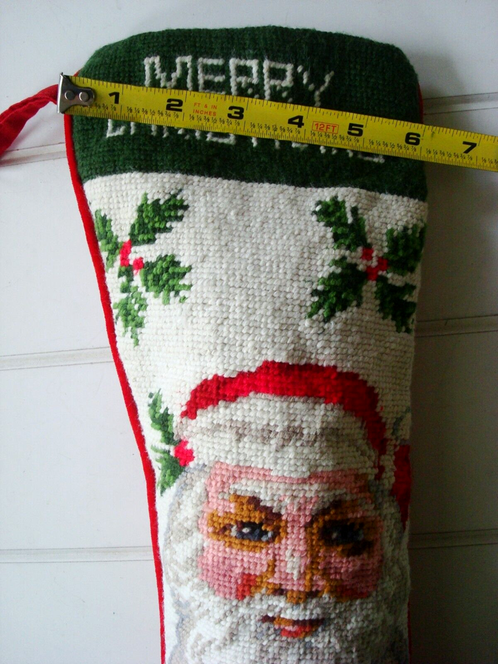 18" Vintage Needlepoint Merry Christmas STOCKING Santa Face CHARMING ...