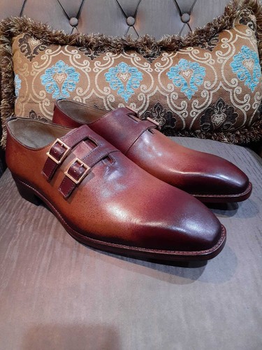 Handmade Men's Brown Cowhide Leather Burnish Chisel Toe Double Monk ...