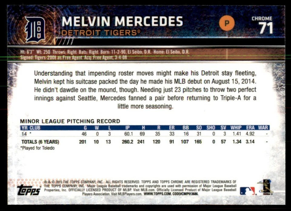 2015 Topps Chrome Refractor Melvin Mercedes Rookie Detroit Tigers #71 ...