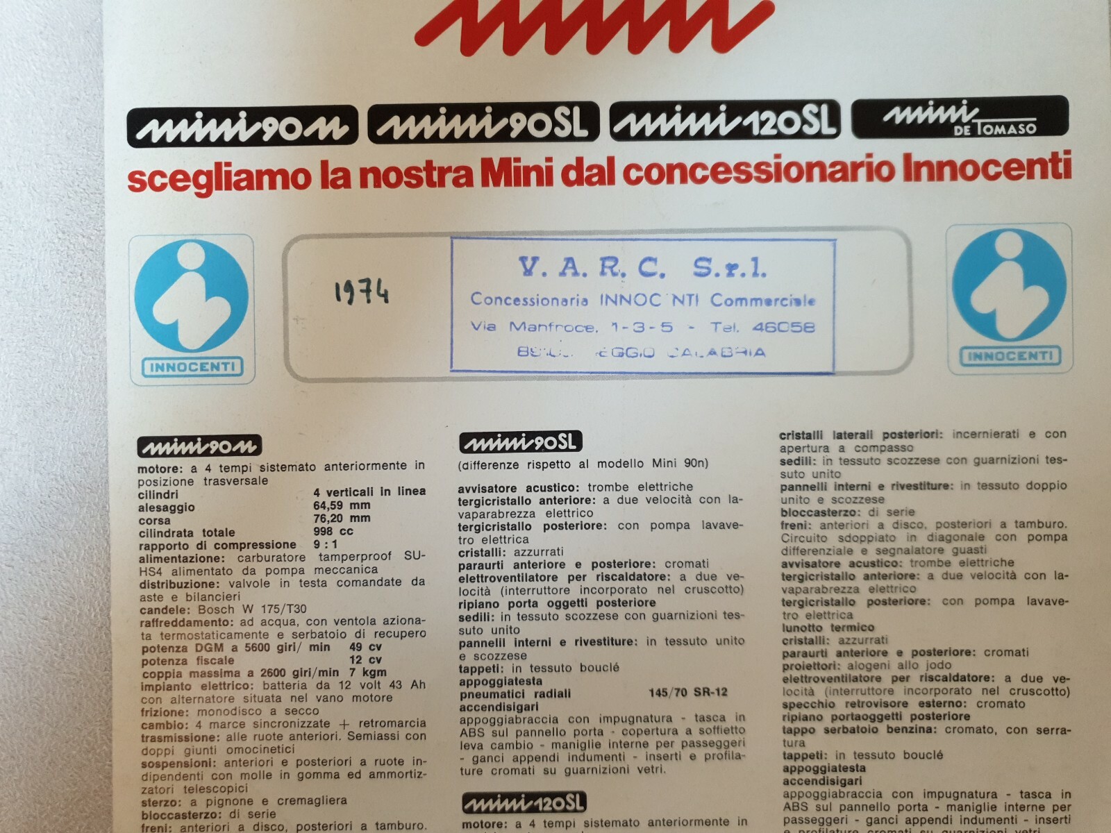 BROCHURE DEPLIANT INNOCENTI MINI 90 N120 SL MILLE - DE TOMASO 1974 4 ...