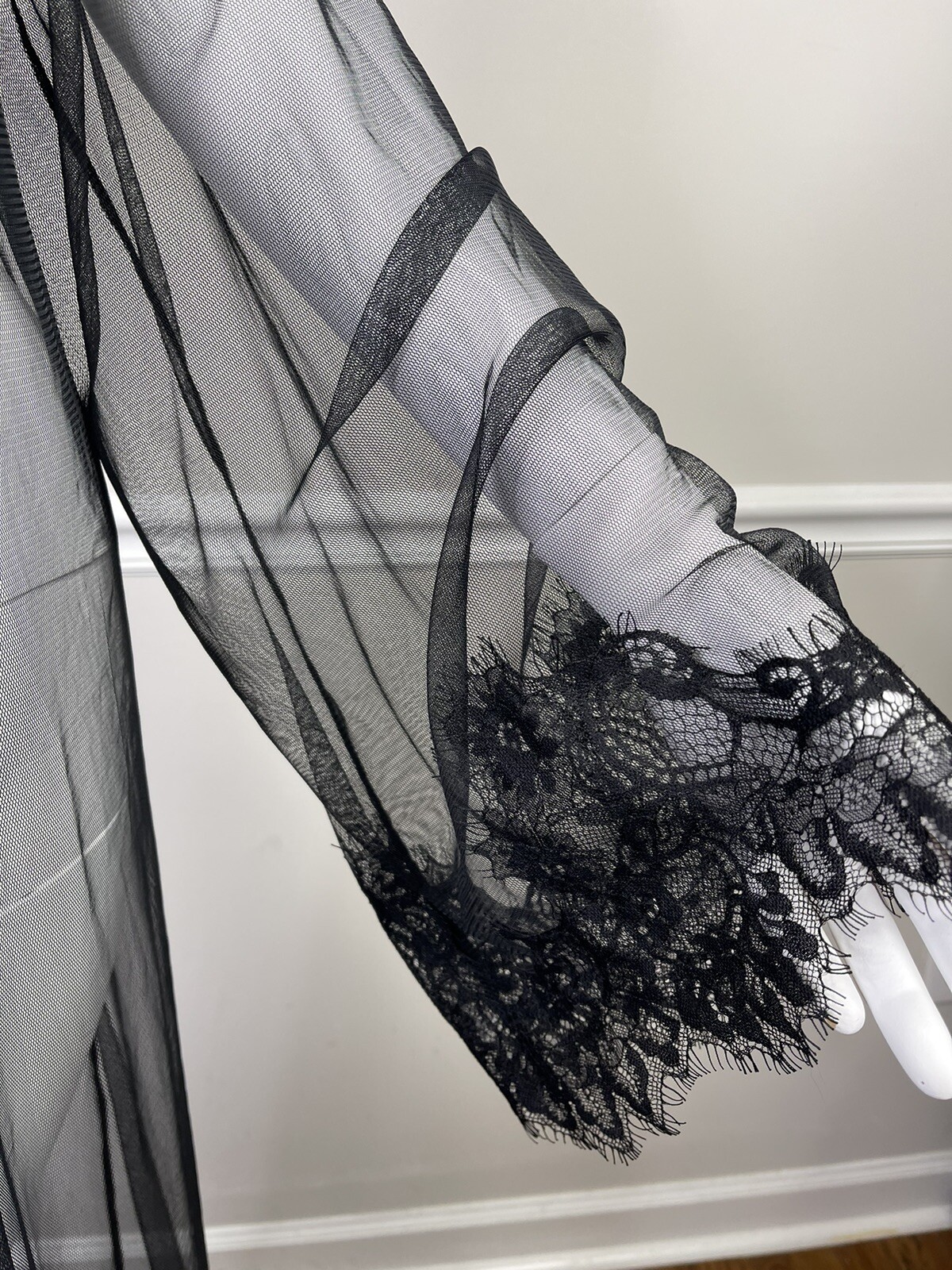 Black Sheer Lace Mesh Robe Sexy Open Cover Up Long Sleeve Nightgown M ...