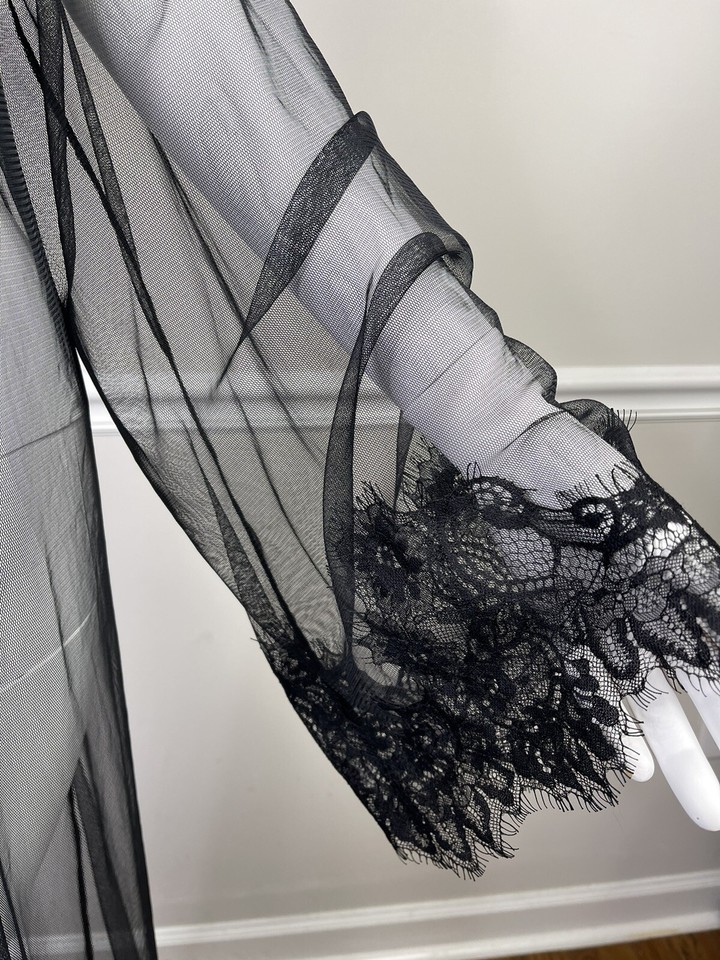 Black Sheer Lace Mesh Robe Sexy Open Cover Up Long Sleeve Nightgown M ...