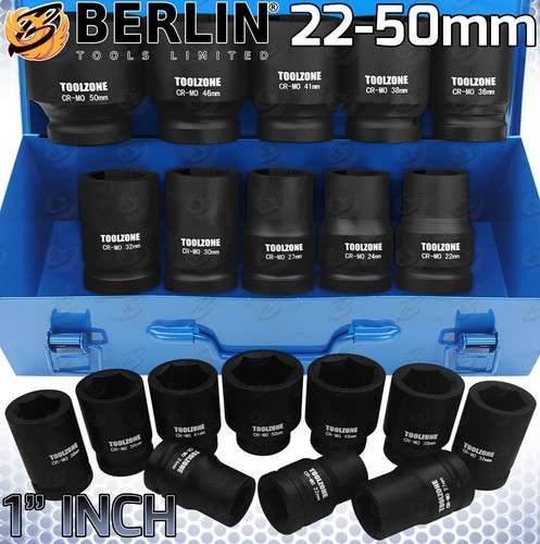 1" Inch DRIVE DEEP IMPACT Socket Set 22-50mm HGV Long Reach Impact ...