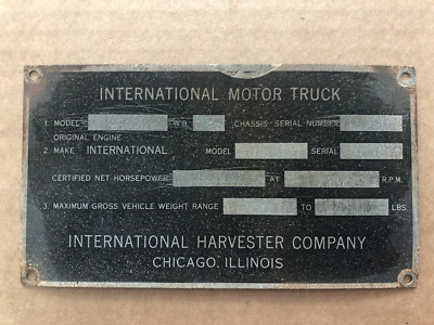 Vintage INTERNATIONAL HARVESTER COMPANY Motor Truck Aluminum Metal Tag ...