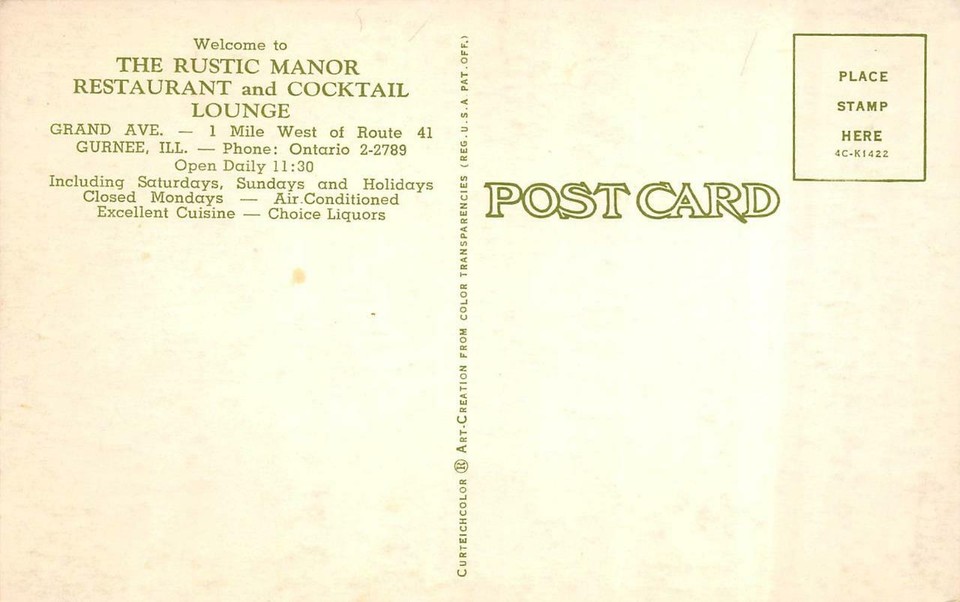 GURNEE, IL Illinois RUSTIC MANOR RESTAURANT~Cocktail Lounge ROADSIDE ...