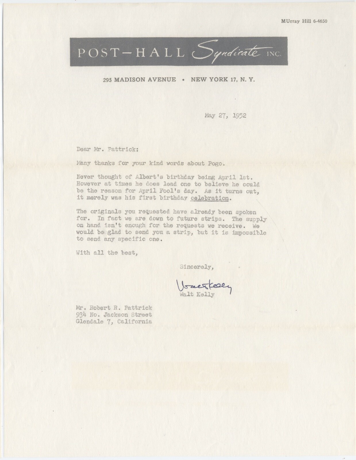 ALBERT Letter SIGNED by POGO Creator WALT KELLY on Post-Hall Stationery ...