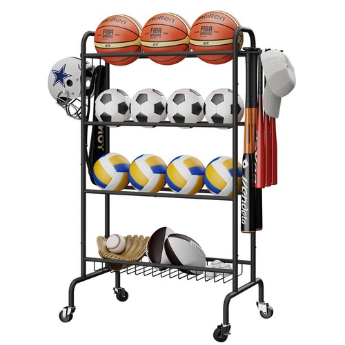 Basketball Rack, 4-Layers Rolling Ball Storage Rack with Wheels ...