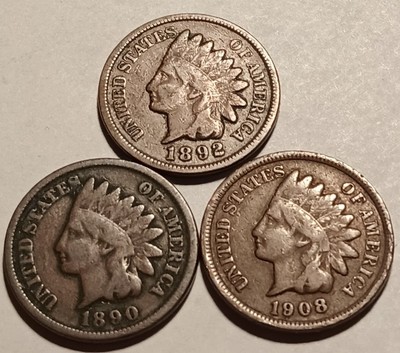 1890/1892/1908 Indian Head Pennies. All in Very Good Cond, SET Priced-2 ...