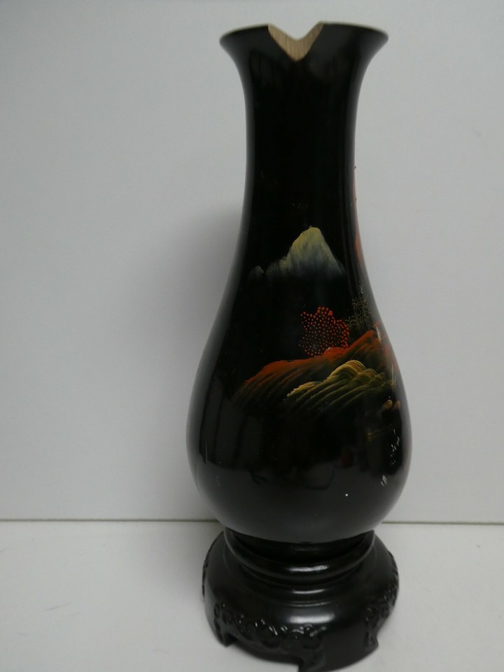 VINTAGE HAND PAINTED JAPANESE TEMPLE LANDSCAPE LACQUER WOODEN VASE | eBay