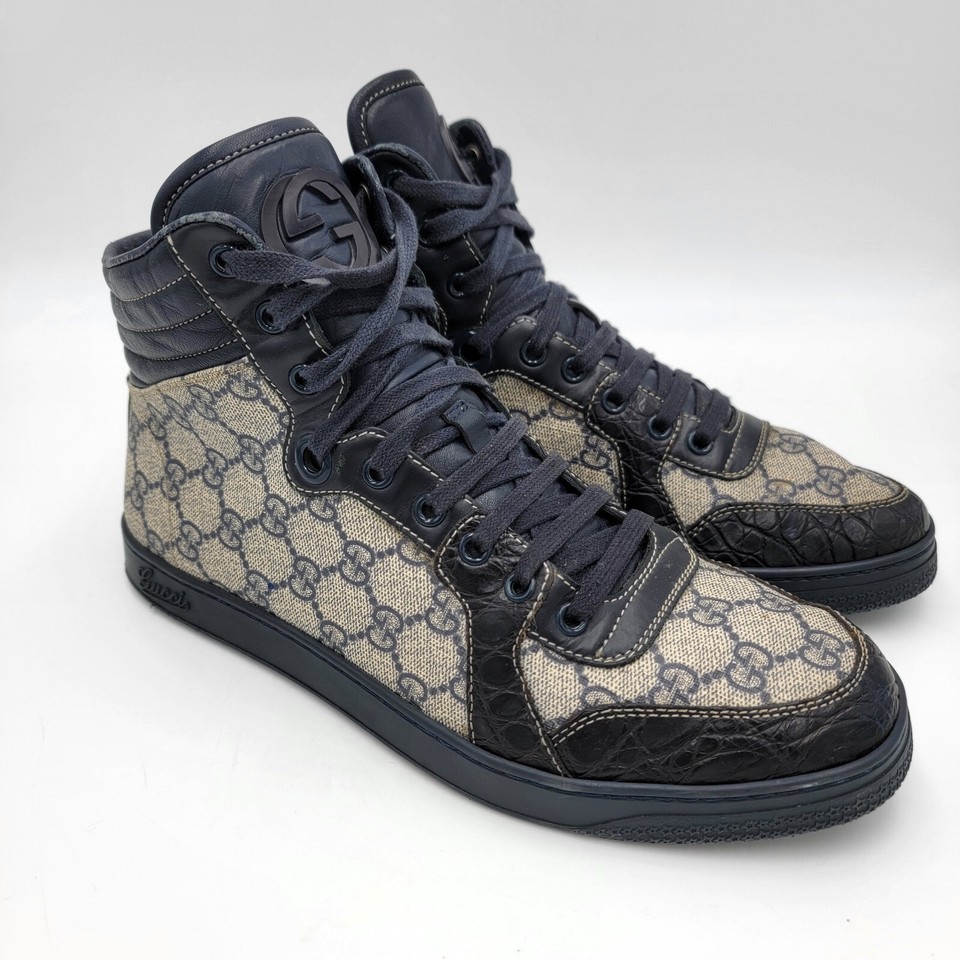 Gucci Men's GG Monogram Canvas Black Navy High Top Sneakers Gucci 7 US ...