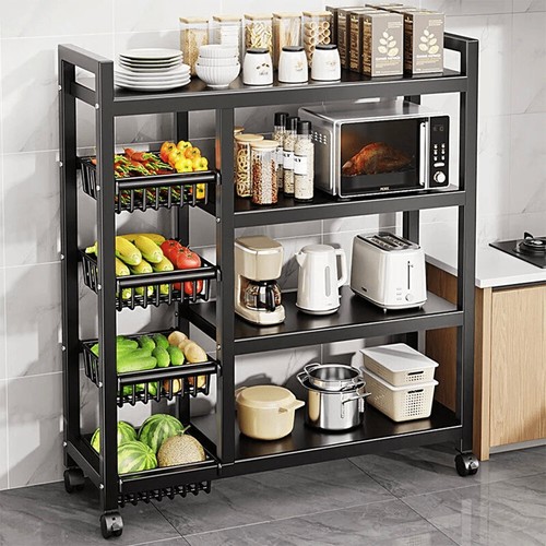 Movable Metal Kitchen Storage Rack w/ Wheels & Baskets - Floor Stand ...