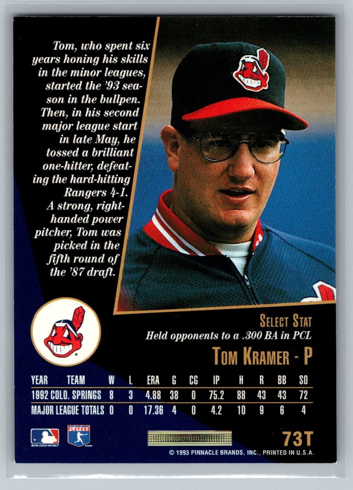 Tom Kramer 1993 Select Rookie & Traded BASEBALL #73T Cleveland Indians ...