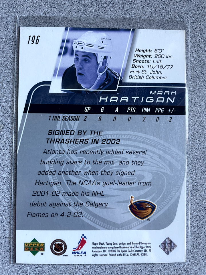 2002-03 Upper Deck Mark Hartigan Young Guns Rookie Card #196 Thrashers ...