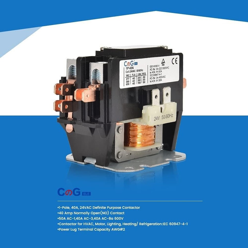 1 Pole Air Conditioner Contactor 40Amp 24VAC Coil Condenser Contactor ...