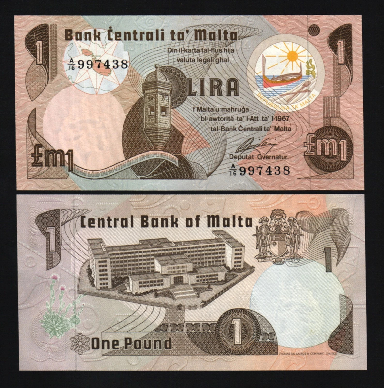 Malta 1 LIRI P-34 1967 x 1 SHIP UNC Pre Euro Maltese Sun World Currency ...