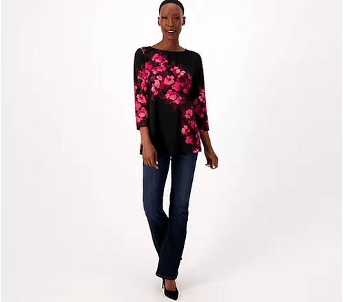 Susan Graver Printed Liquid Knit 3 4 Sleeve Bateau Neck Top Medium